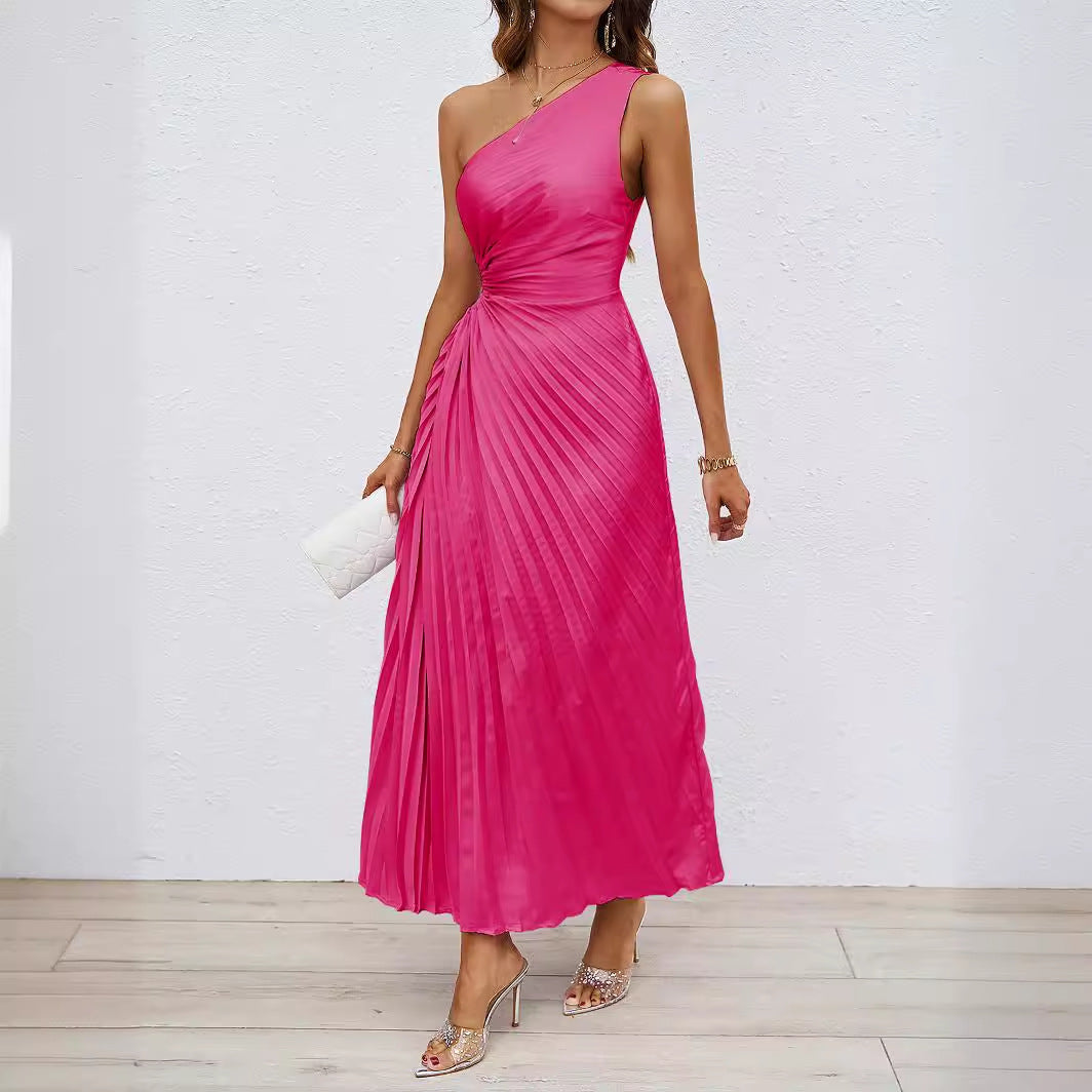 Robe longue femme – Asymétrique une épaule – Taille froncée – Jupe pli ...